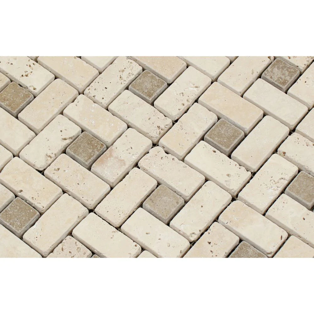 Ivory Travertine 1x2 Tumbled Large Pinwheel Mosaic Tile w/ Noce Dots
